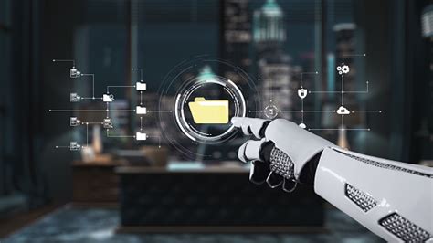 미래형 로봇 손은 도시 풍경을 배경으로 밤에 현대적인 사무실 환경에서 디지털 폴더 아이콘을 가리키고 있습니다 오바나 0명에 대한 스톡 사진 및 기타 이미지 Istock