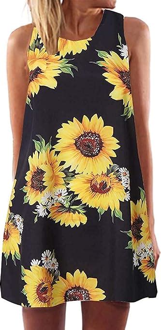 Womens Sleeveless Short Dress Black Fabric Sunflower Print A Line