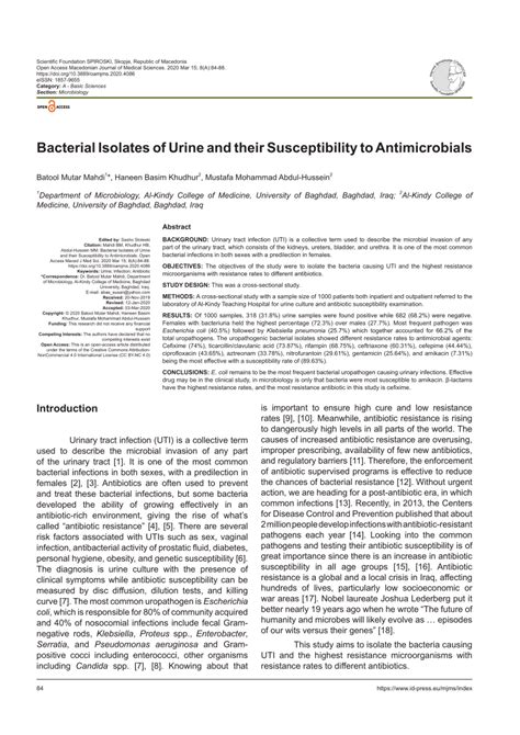 Pdf Bacterial Isolates Of Urine And Their Susceptibility To Antimicrobials