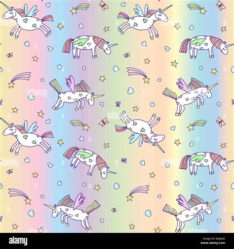 Vector Illustration Of Seamless Pattern From Cute Unicorns On Pastel Rainbow Background Cartoon
