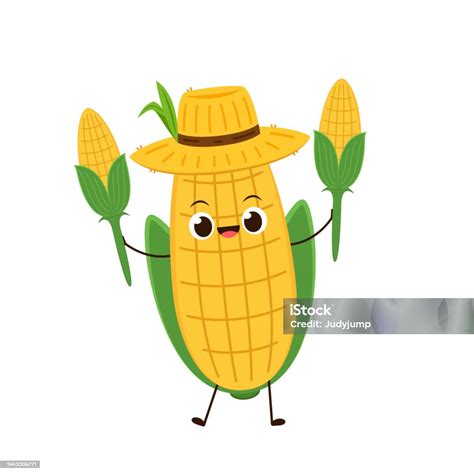 옥수수 만화 벡터입니다 흰색에 격리된 귀여운 야채 벡터 캐릭터 옥수수 마스코트 농부 모자 농민 모자 벡터입니다 건강한 생활방식에 대한 스톡 벡터 아트 및 기타 이미지