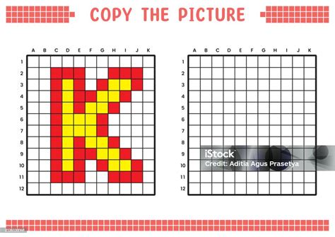 그림을 복사하고 그리드 이미지를 완성합니다 사각형으로 그리는 교육용 워크시트 셀 영역 색칠 유치원 활동 어린이 게임 만화 벡터 일러스트 레이 션 픽셀 아트 편지 K 개발에