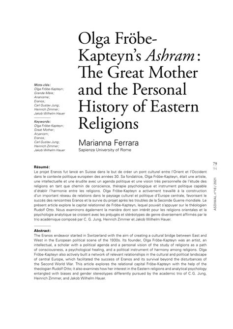 Pdf Olga Fröbe Kapteyns Ashram The Great Mother And The Personal History Of Eastern Religions