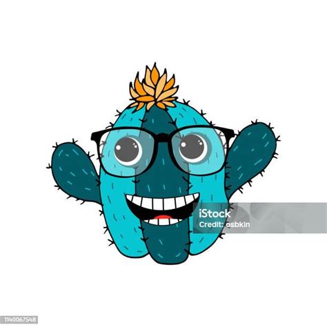 원에 안경을 가진 재미 있는 웃는 선인장 만화 디저트 꽃 벡터 일러스트입니다 홈 공장 고립 된 아이콘입니다 멕시코 심 볼 귀여운에 대한 스톡 벡터 아트 및 기타 이미지