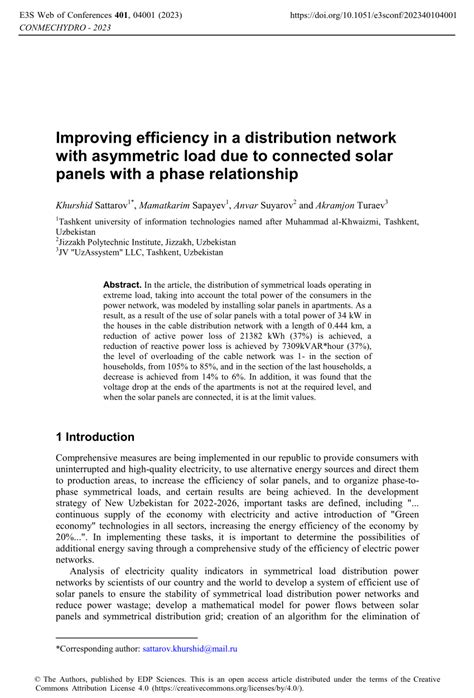 Pdf Improving Efficiency In A Distribution Network With Asymmetric Load Due To Connected Solar