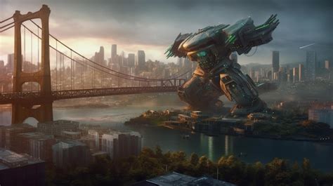 Premium Ai Image A Giant Robot Is Standing In Front Of A Bridge That