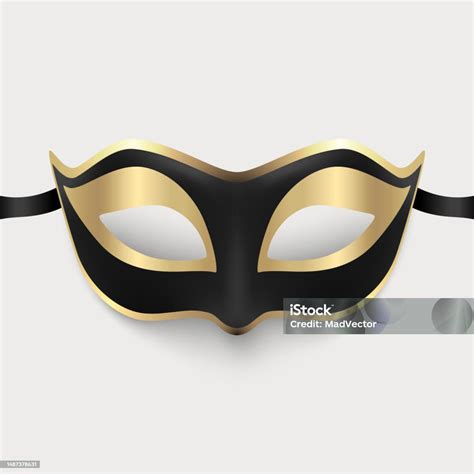 벡터 3d 현실적인 검정과 황금 카니발 얼굴 마스크 아이콘 Closeup 격리 파티를 위한 마스크 가장 무도회 근접 촬영 마스크의 디자인 템플릿입니다 카니발 파티 비밀 영웅
