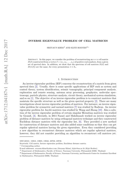 Pdf Inverse Eigenvalue Problem Of Cell Matrices