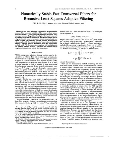 PDF Numerically Stable Fast Transversal Filters For Recursive Least