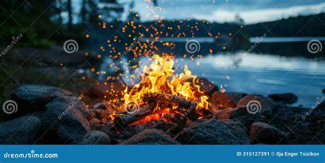 Nighttime Campfire Illuminates Tourist Camp With Flames And Sparks On Dark Background Stock