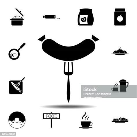 소시지 포크 아이콘 Ui 및 Ux 웹 사이트 또는 모바일 응용 프로그램에 대한 설정 식품 아이콘의 간단한 글리프 벡터 요소 고기에 대한 스톡 벡터 아트 및 기타 이미지