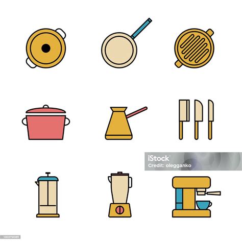 간단한 색깔의 레스토랑 기구 세트 웹 앱과 모바일 개념에 대한 흰색 배경에 고립 된 트렌디 한 라인 스타일의 음식 준비 아이콘을