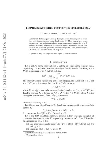 Pdf 2 Complex Symmetric Composition Operators On H2