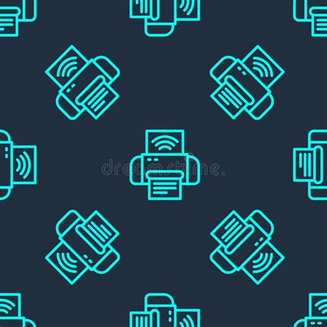 Green Line Smart Printer System Icon Isolated Seamless Pattern On Blue Background Internet Of