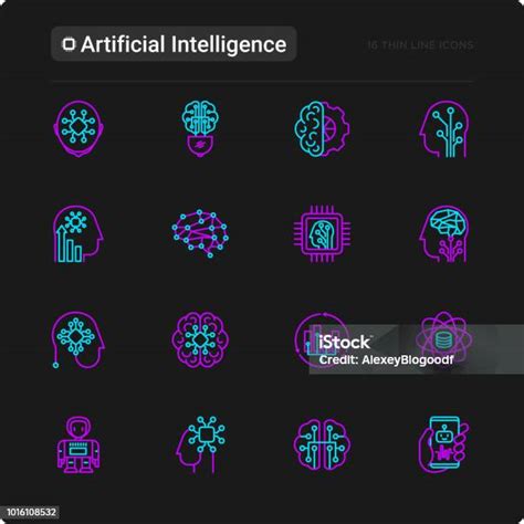 인공 지능 얇은 라인 아이콘 세트 로봇 뇌 기계 학습 마케팅 분석 Cpu 칩 음성 도우미 블랙 테마에 대 한 벡터 일러스트입니다