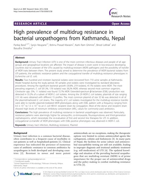 Pdf High Prevalence Of Multidrug Resistance In Bacterial Uropathogens