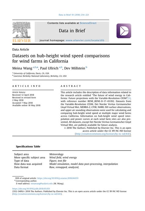 Pdf Datasets On Hub Height Wind Speed Comparisons For Wind Farms In California