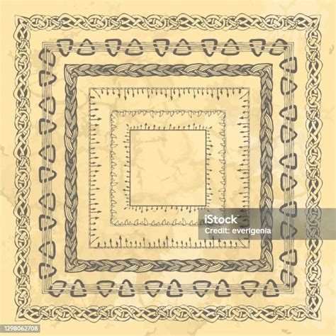 스칸디나비아 바이킹 모티프 민속 장식 테두리를 그리는 손에서 사각형 양식화 프레임 워크 세트 바이킹에 대한 스톡 벡터 아트 및 기타 이미지 Istock