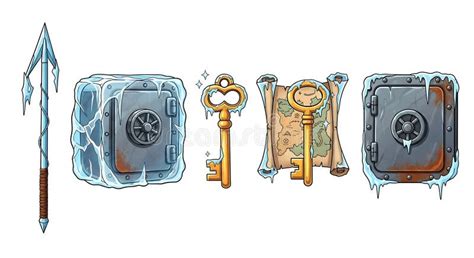 Frozen Objects In A Fantasy Theme Include Spear Key Map And Safe Stock Illustration