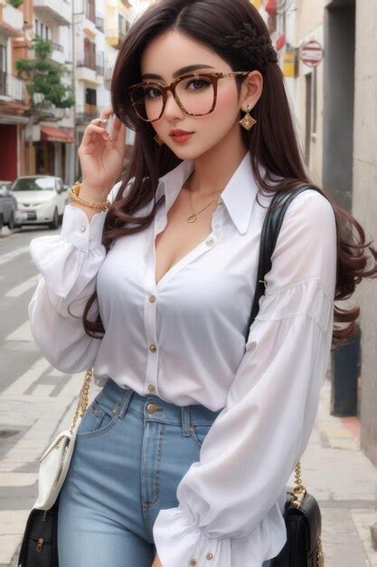 Premium Ai Image Chica Blanca Con Pelo Castao Y Gafas Blancas