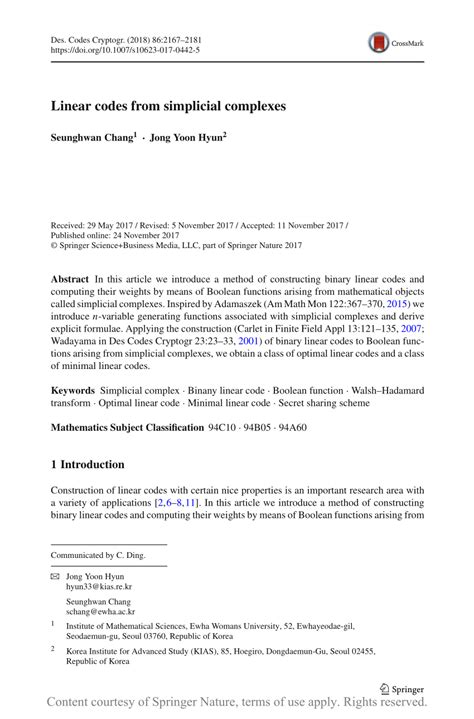 Linear Codes From Simplicial Complexes Request Pdf