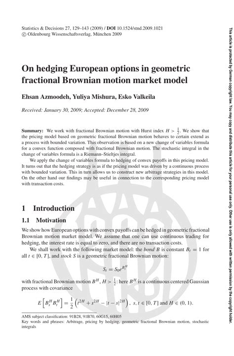 Pdf On Hedging European Options In Geometric Fractional Brownian Motion Market Model