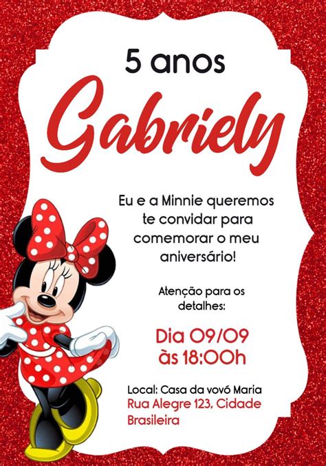 Convite de aniversário para editar tema Minnie vermelha Convite