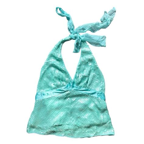 Y2k Vintage Teal Sequin Halter Top Turquoise Halter Top Y2k Mermaid