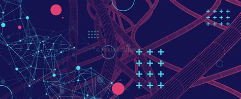 Vector Abstract Background With A Wireframe Dynamic Pipes Line And Particles Plexus Effect