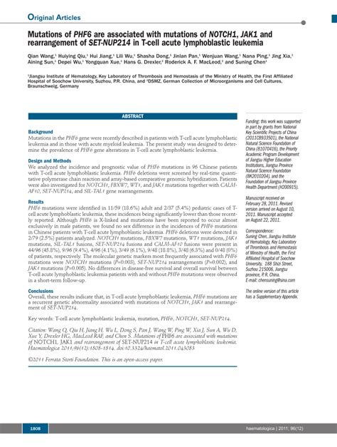 Pdf Mutations Of Phf6 Are Associated With Mutations Of Notch1 Jak1