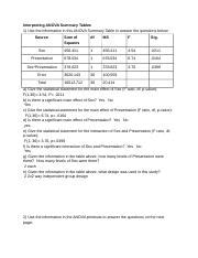 ANOVA Exercise Interpreting ANOVA Summary Tables 1 Use The Information In This ANOVA Summary
