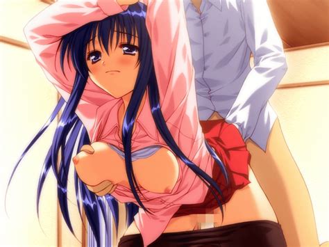 Rule 34 Blue Hair Blush Breast Grab Breasts Game Cg 82100