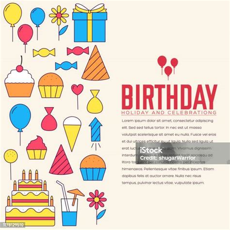 색종이 아이콘 세트와 평면 생일 축하 축제 배경입니다 파티 및 축하 디자인 요소 풍선 색종이 케이크 음료 선물 개념 개념에 대한 스톡 벡터 아트 및 기타 이미지 Istock