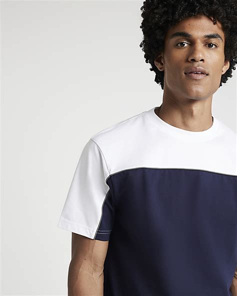 Navy Regular Fit Colour Block Piping T Shirt River Island