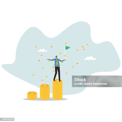 재정적 성공 재정적 자유에 도달 금전적 성취 또는 이익 또는 저축 또는 투자 목표를 얻는 것디자인을 위한 캐릭터 경제에 대한 스톡 벡터 아트 및 기타 이미지 Istock