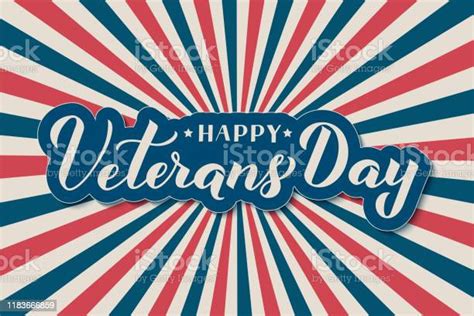 해피 재향 군인의 날 서예 손 문자입니다 미국 국기의 색상의 복고풍 애국 배경입니다 타이포그래피 배너 포스터 전단지 스티커 인사말 카드 엽서 등을위한 벡터 템플릿 Us