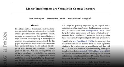 Paper Page Linear Transformers Are Versatile In Context Learners