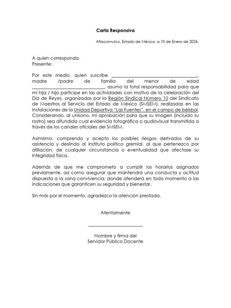 Carta Responsiva Para Actividades Escolares Pdf