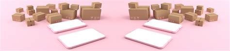 다양한 크기의 골판지 상자와 상자에 둘러싸인 스마트 폰 흰색 화면의 3d 렌더링 돈의 개념 모바일에 비즈니스 개념 온라인 배달 핑크 배경에 고립 Store Opening에