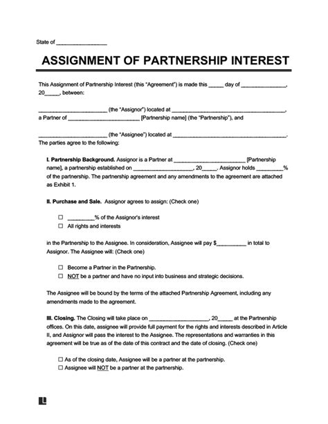 Free Assignment Of Partnership Form Pdf And Word