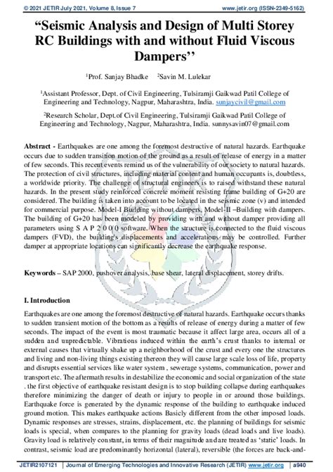 Pdf Seismic Analysis And Design Of Multi Storey Rc Buildings With And Without Fluid Viscous