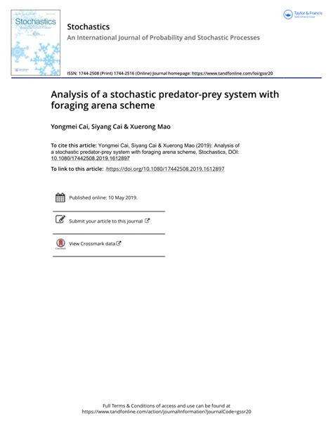 Pdf Analysis Of A Stochastic Predator Prey System With Foraging Arena