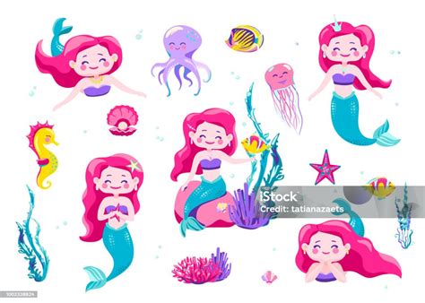 인 어 귀여운 스티커 만화 작은 공주 벡터 일러스트입니다 재미 있는 바다 캐릭터 디자인 흰색 배경에 고립입니다 차가운 손으로 그려진된 요소 0명에 대한 스톡 벡터 아트 및