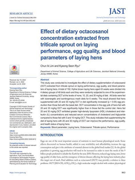 Pdf Effect Of Dietary Octacosanol Concentration Extracted From Triticale Sprout On Laying
