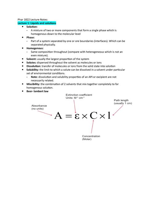 Phar 1822 Lecture Notes Phar 1822 Lecture Notes Lecture 1 Liquids And Solutions Solution