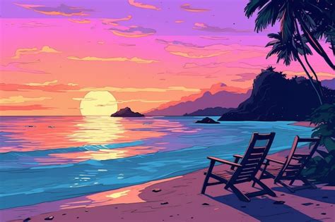 Premium Ai Image Colorized Drawing Of A Tropical Twilight Beachscape