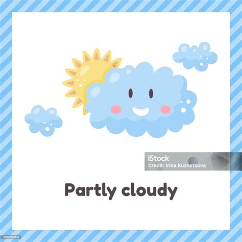 태양과 구름 귀여운 날씨는 아이들을위한 부분적으로 흐린 유치원 유치원 및 학교에서 아이들과 함께 배우기위한 플래시 카드 0명에 대한 스톡 벡터 아트 및 기타 이미지 Istock