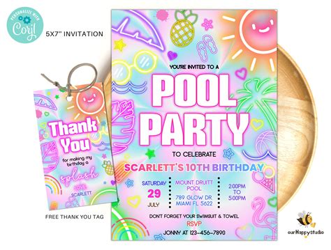 Editable Pool Party Invitation Glow Neon Invite Tropical Tie Etsy