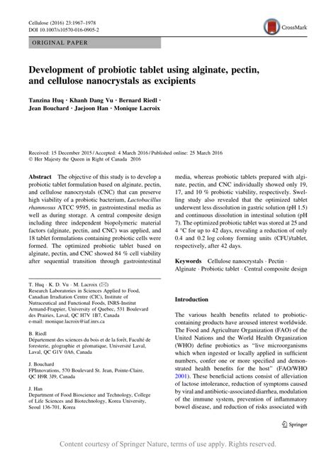 Development Of Probiotic Tablet Using Alginate Pectin And Cellulose Nanocrystals As Excipients