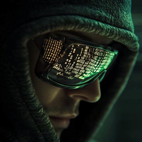 A Hacker Wearing A Hoodie Typing On A Laptop With Binary Code Reflected